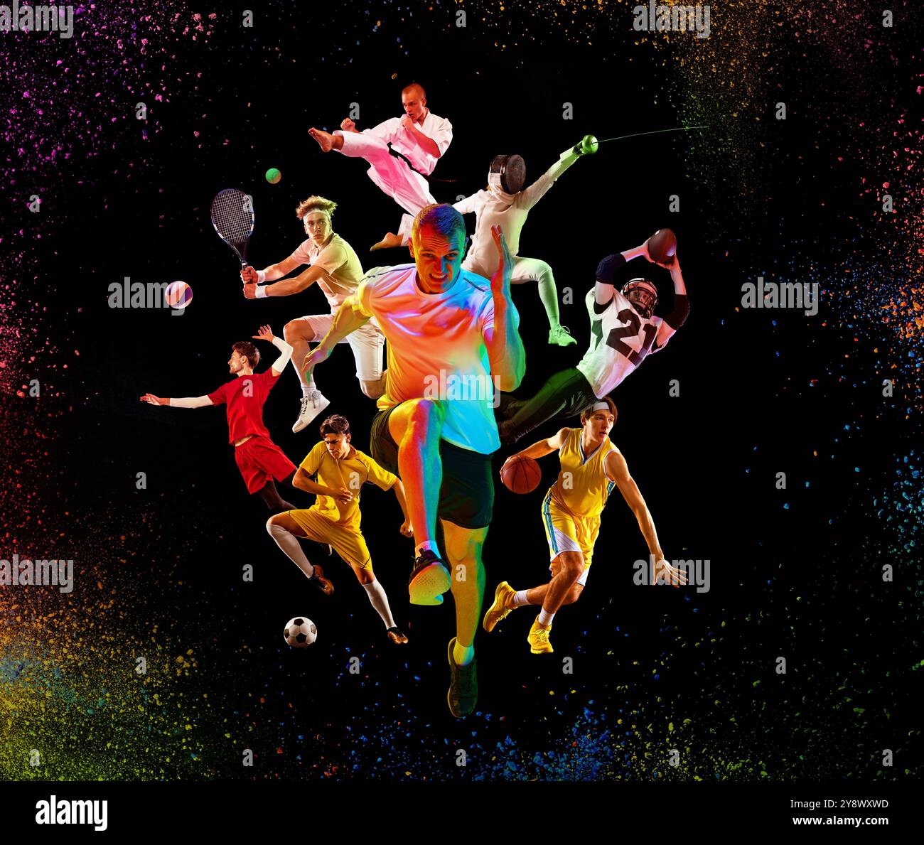 Glowing action collage with athletes captured mid-motion in neon light ...