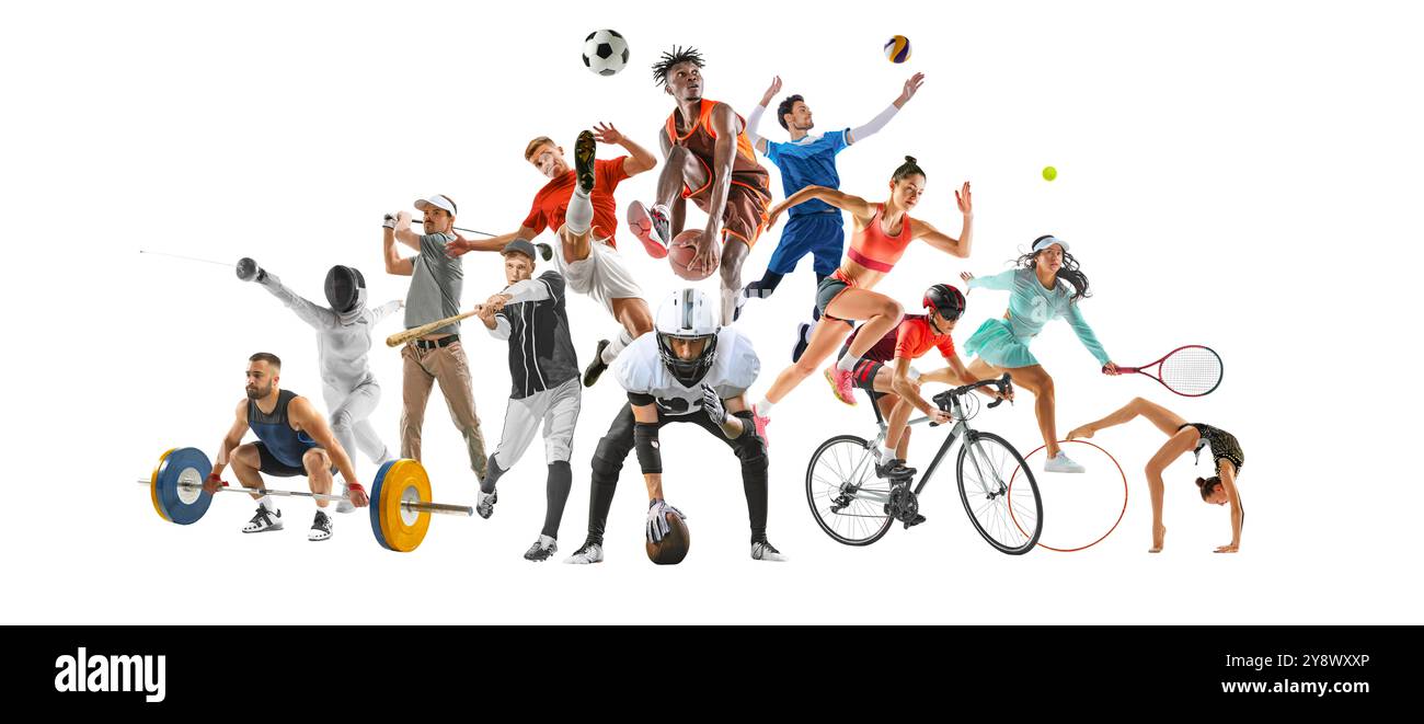 Vibrant energetic collage. Diverse lineup of athletes in various sports ...