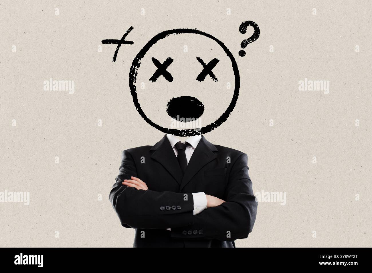 Businessman with a confused emoji headed, thinking about problem ...