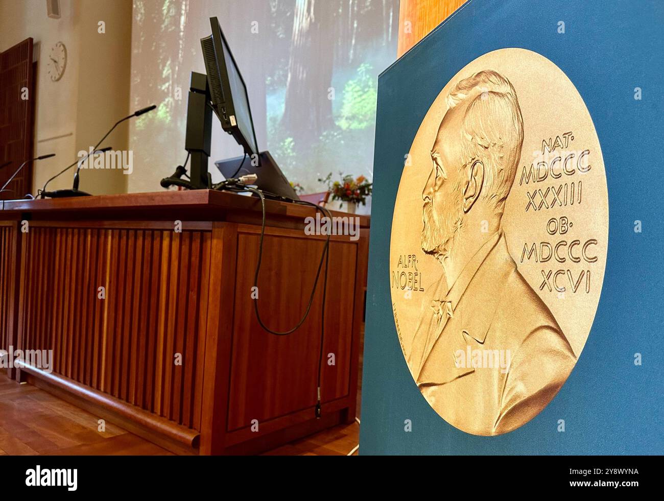 Stockholm, Sweden. 07th Oct, 2024. An image of the Nobel Medal adorns ...
