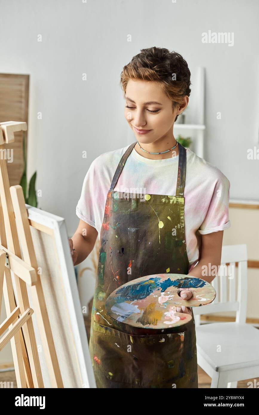 In a bright and inspiring space, a young woman creates a painting ...