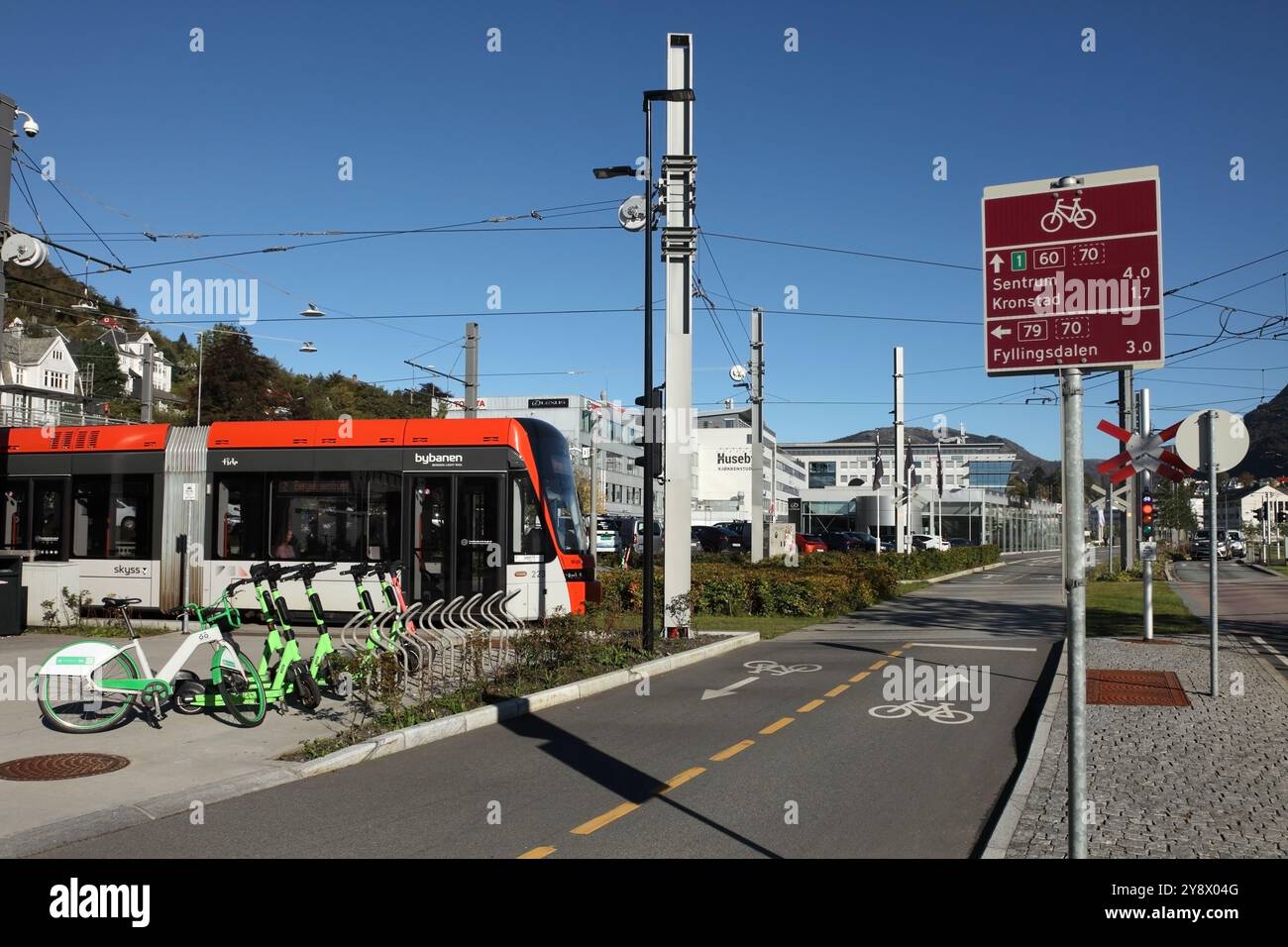 Cycle route at Kristianborg tram station, Bergen, Norway Stock Photo ...
