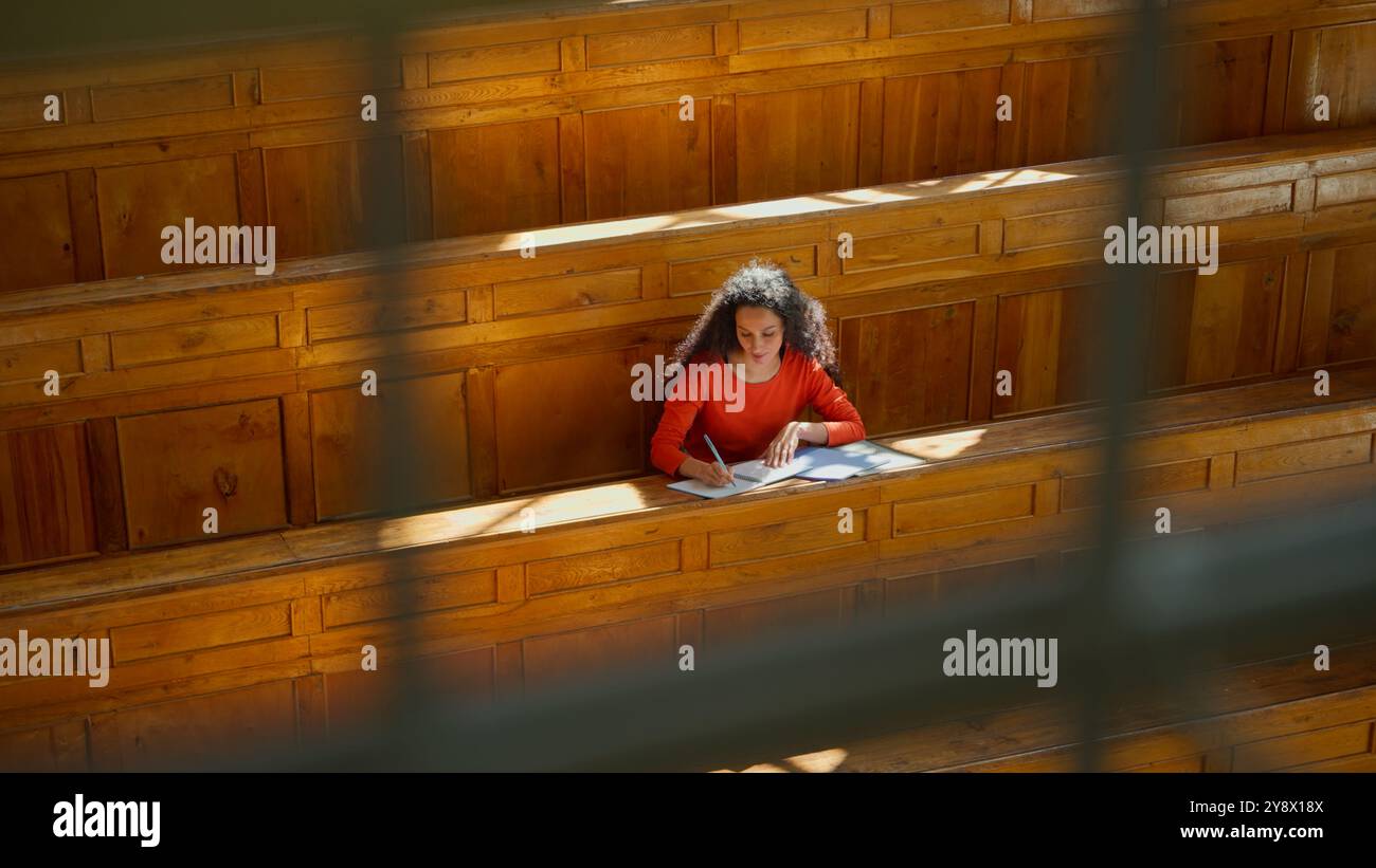Distant view Caucasian girl student Hispanic woman Latina American ...