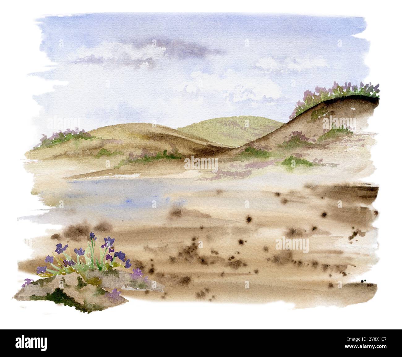 Scenery landscape of cloudy sky, hills fields grass pasture moorland ...