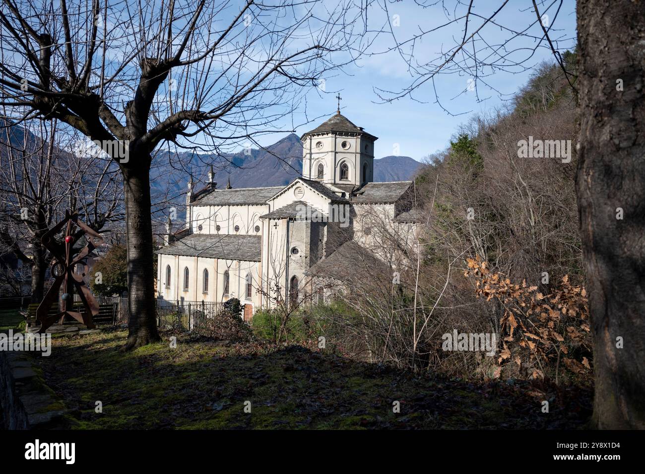 Italy; Vogogna; Europe. Panorama of the medieval abbey. Church and ...