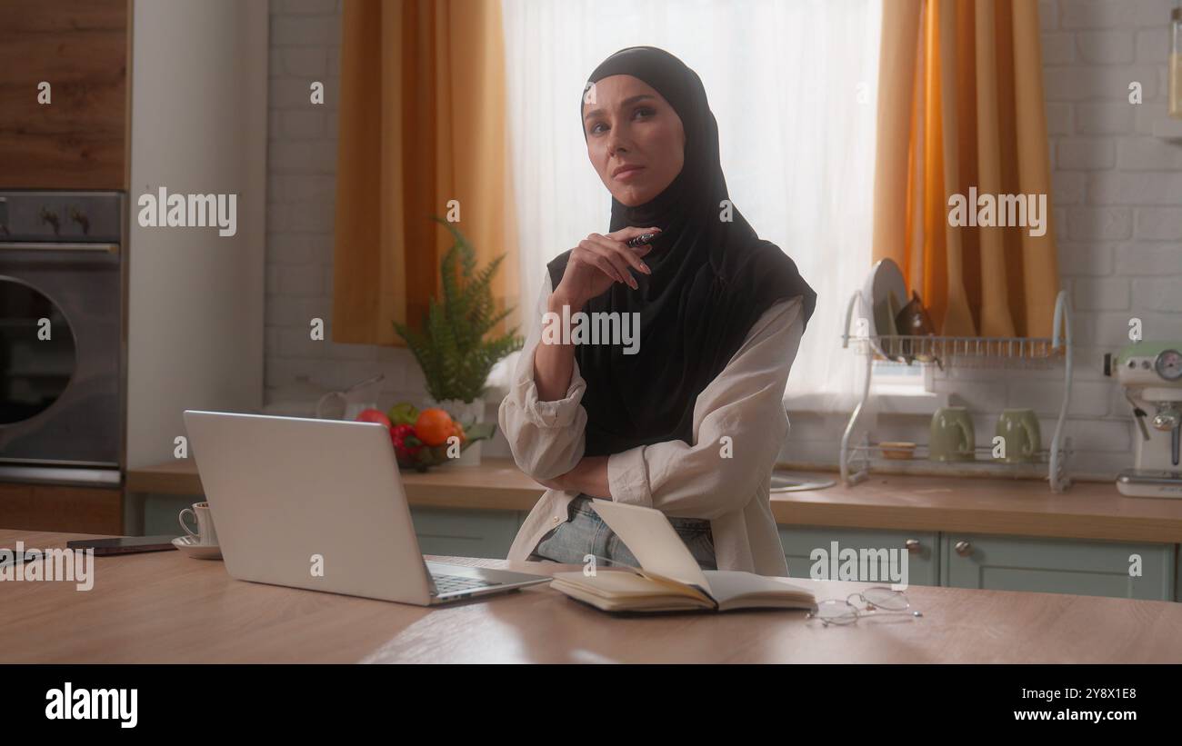 Arabian Islamic pensive thinking woman in hijab think idea problem ...