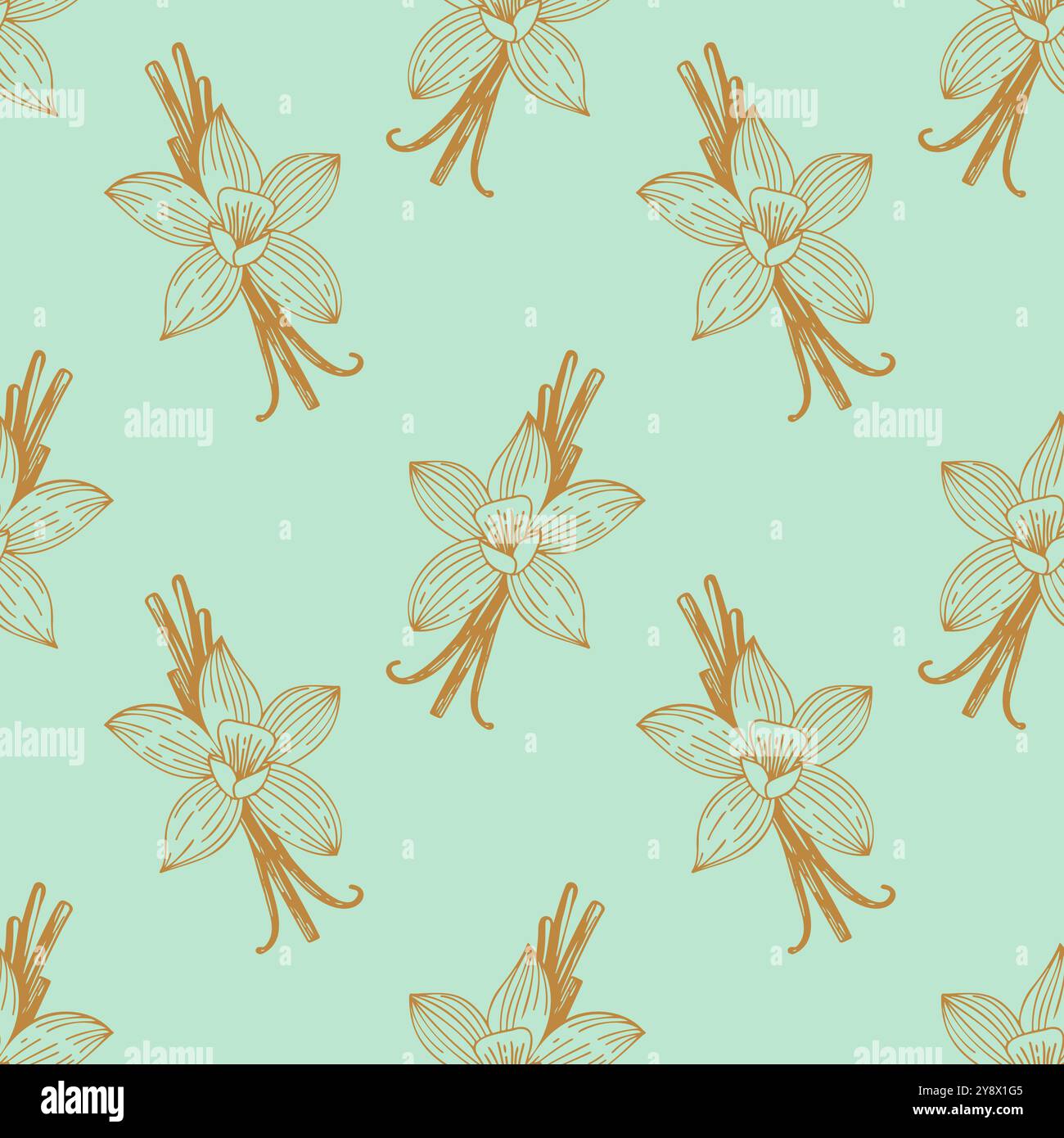Spice pattern with vanilla flowers gold and pods on light green ...