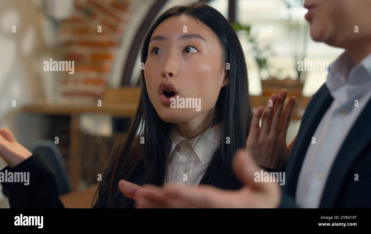 Arguing solving problem trouble three multiracial business coworkers ...