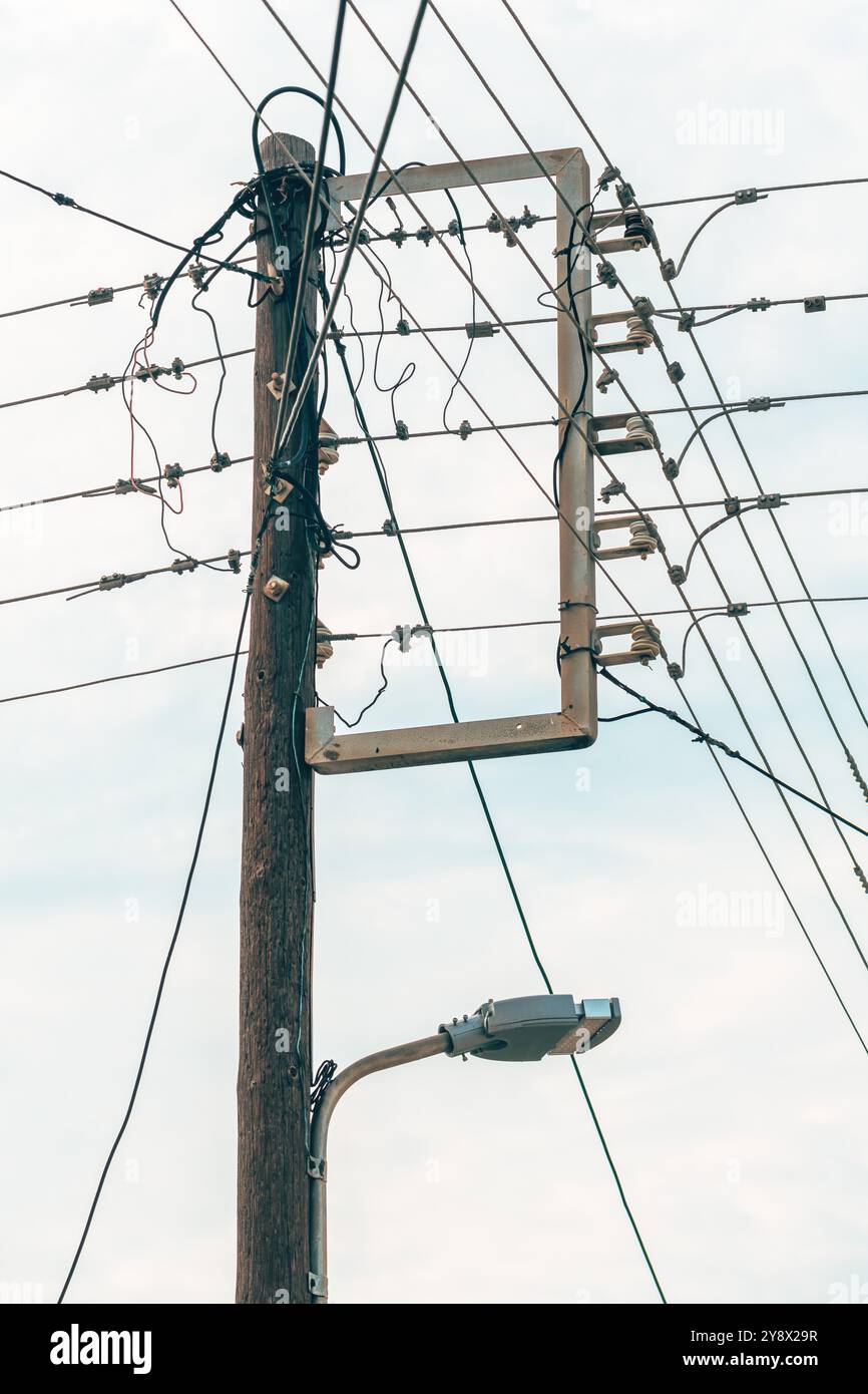 Electricity pylon with wires in Greece, selective focus Stock Photo - Alamy