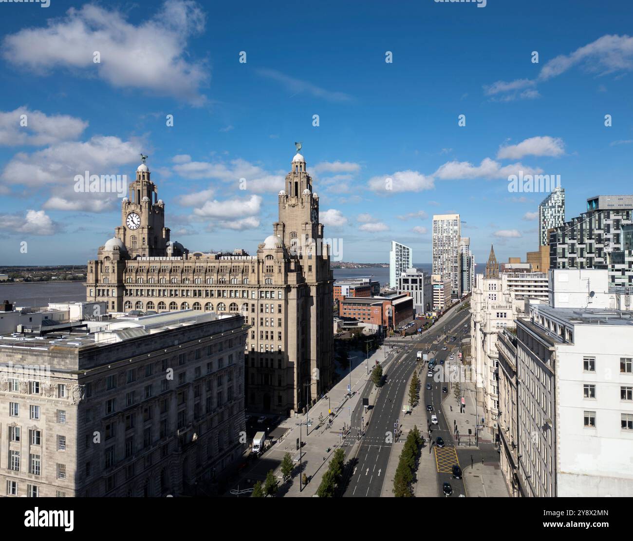 Aerial view of the Liver Buildings and the Strand, Liverpool, England ...