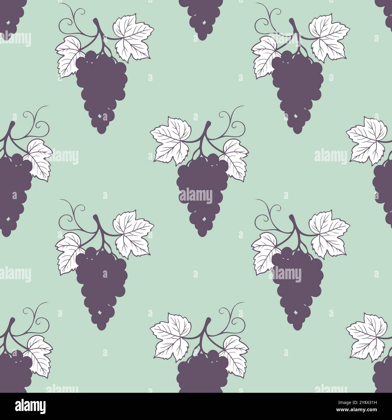 Grape seamless pattern on mint green background, contour doodle gray ...