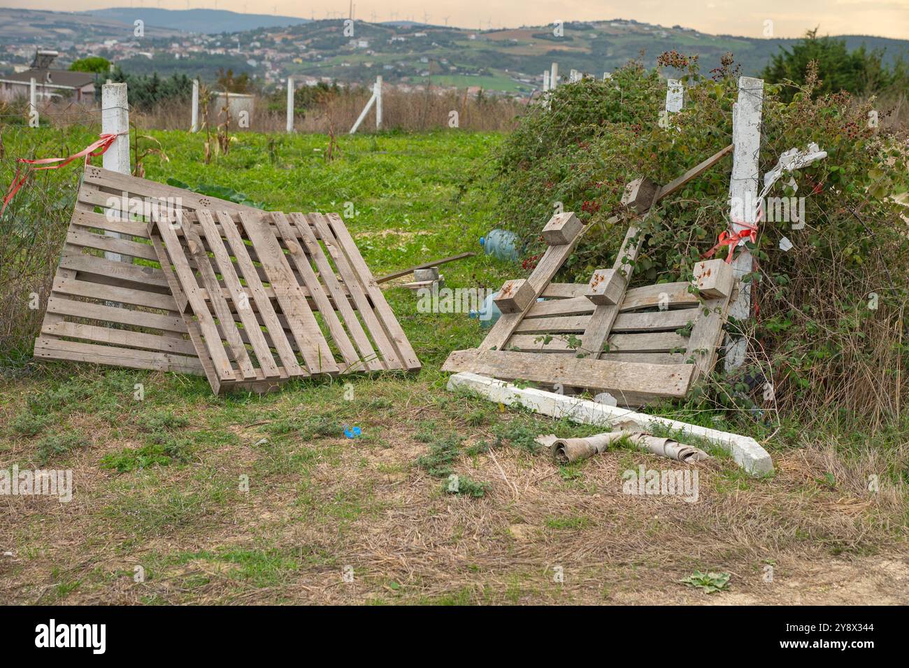 Wooden broken pallets in local garden on warm cloudy day Stock Photo ...