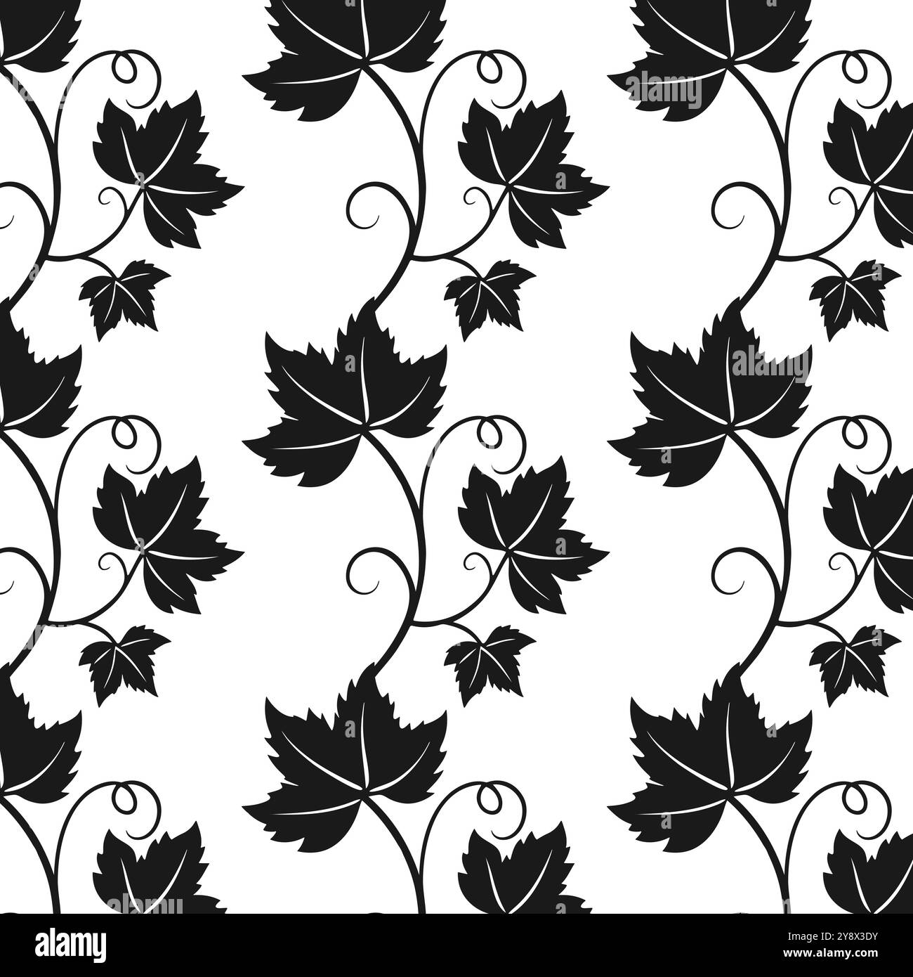 Grape vine with leaves pattern, dark vine silhouette on white ...