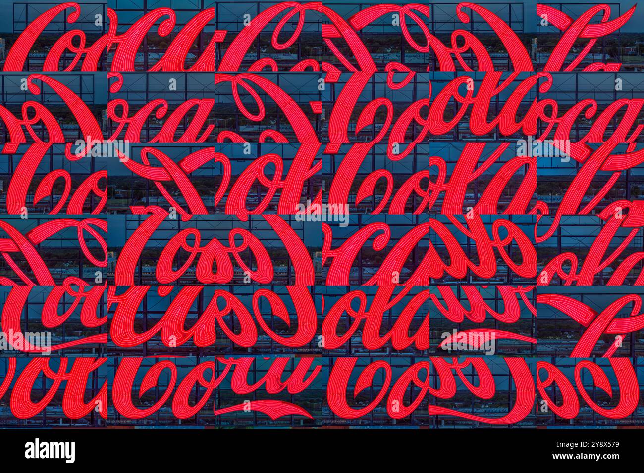 A collage of 36 images of the Coca-Cola Sign in Atlanta, Georgia Stock ...