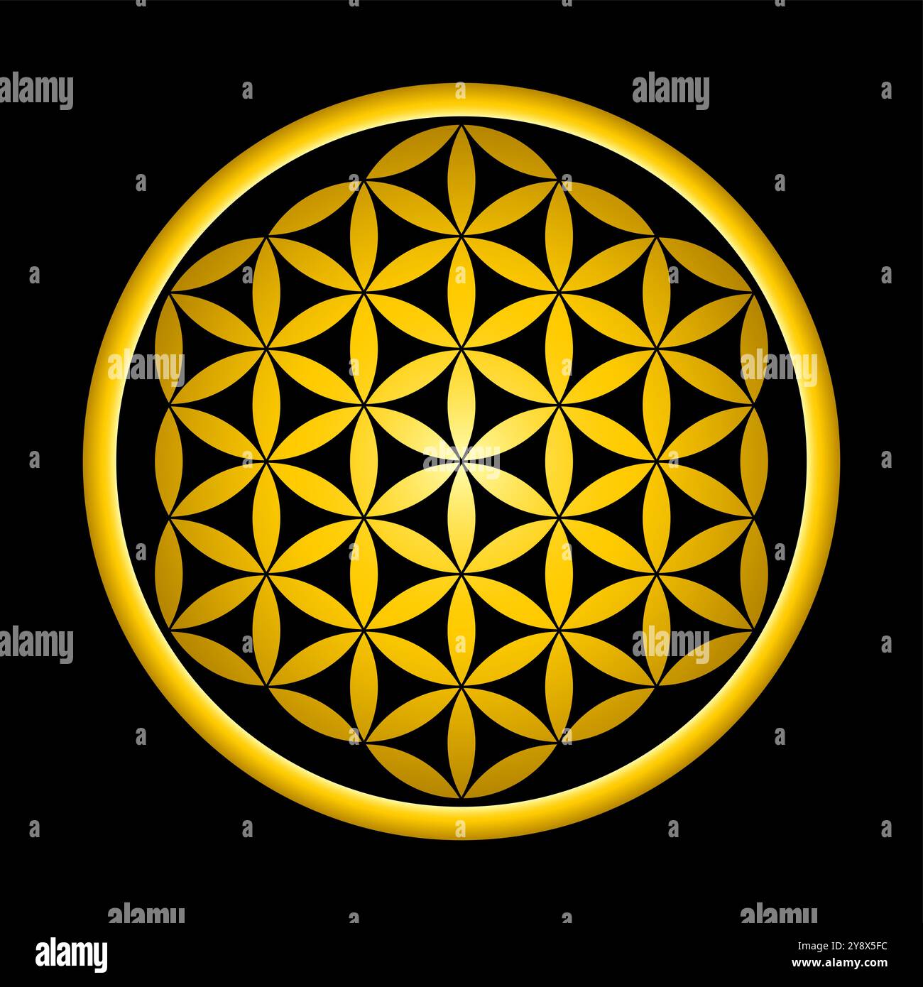 Gold colored Flower of Life over black. Geometric figure and ancient ...