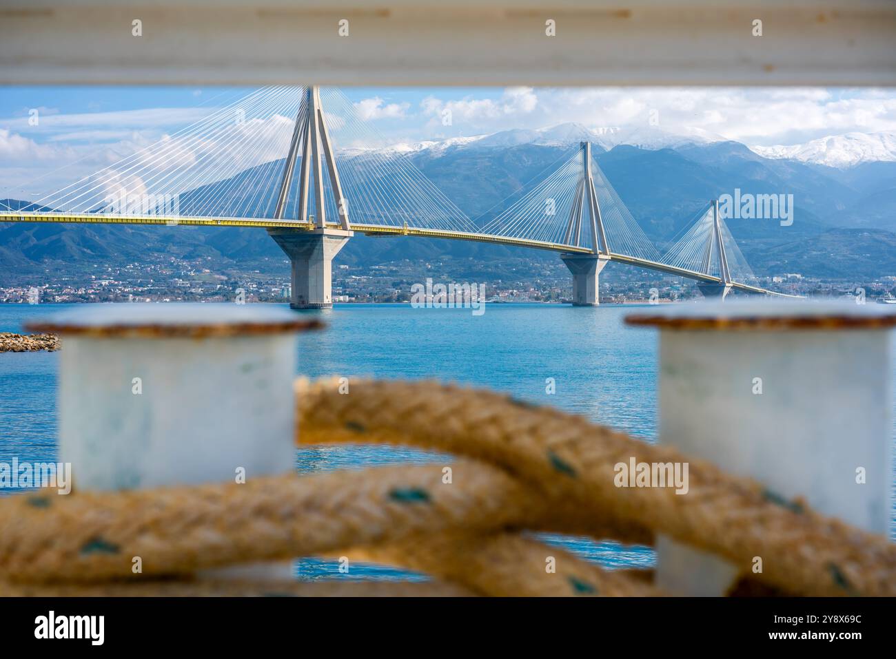 Charilaos Trikoupis bridge seen from inside of a ferry boat Stock Photo ...
