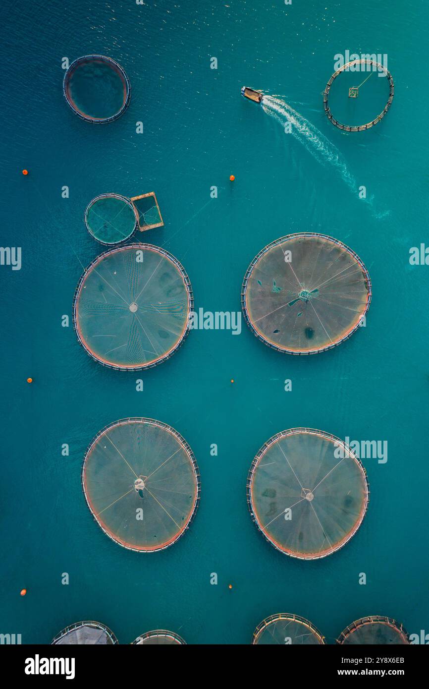 Drone top view of a motor boat in floating circular fish farms, Greece ...