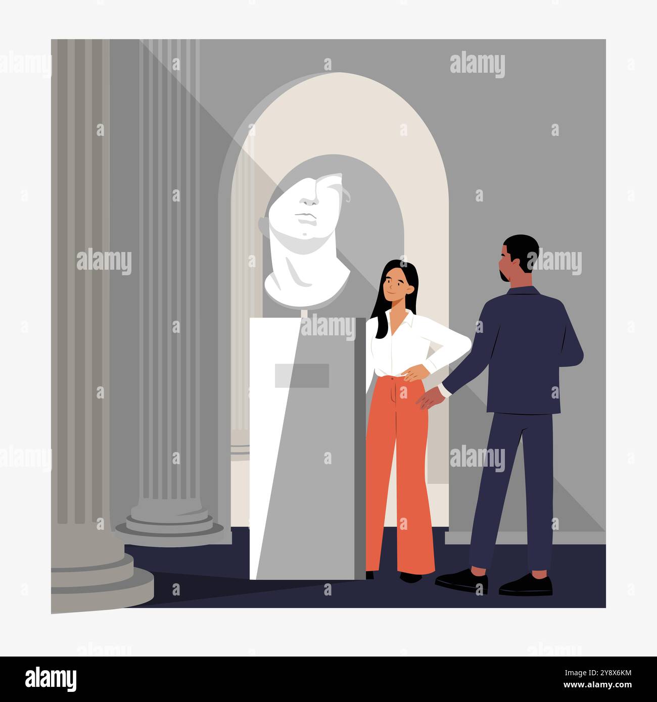 Couple viewing a statue in a museum in flat vector illustration ...