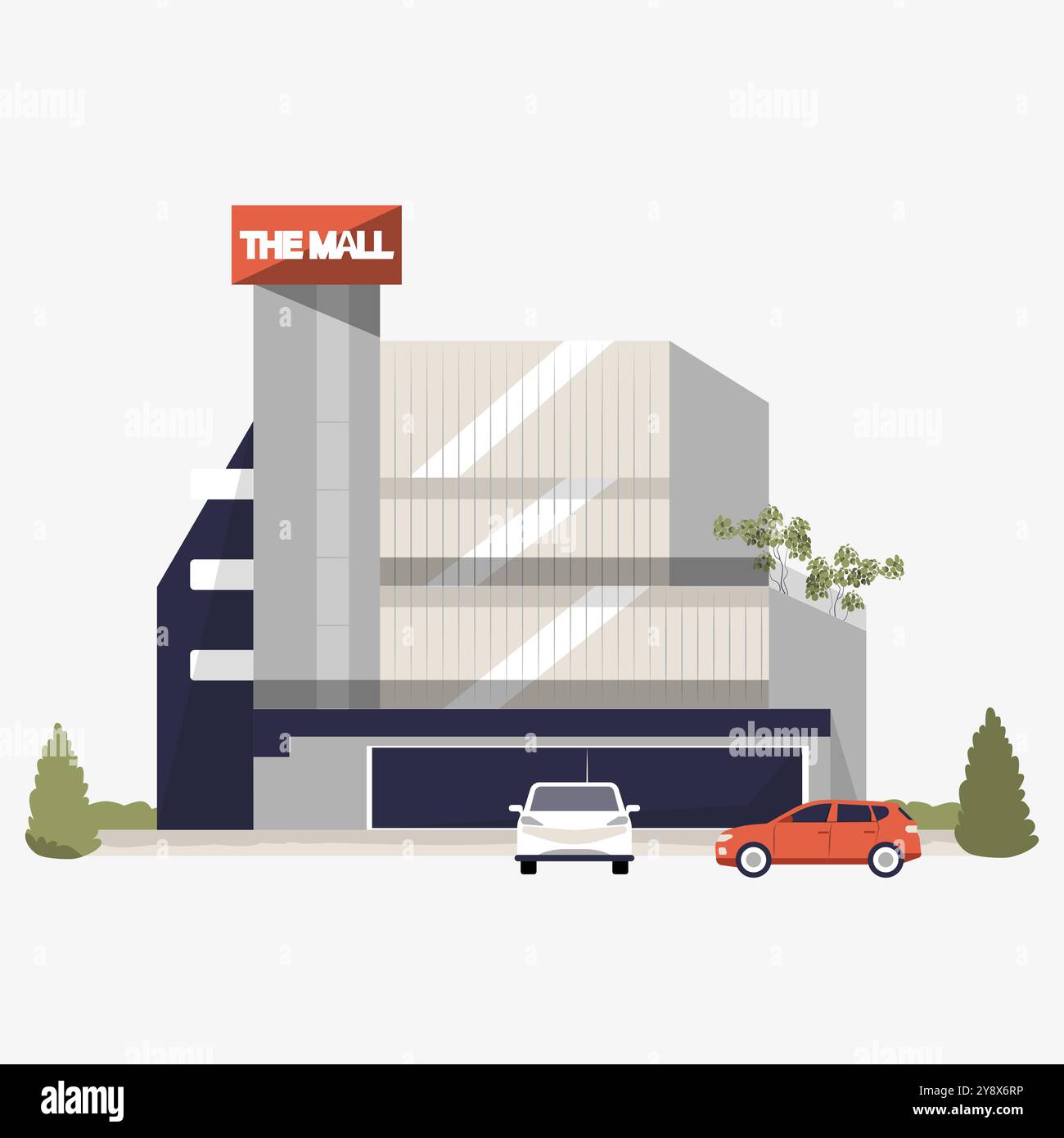 Modern shopping mall with parking lot in flat vector illustration ...