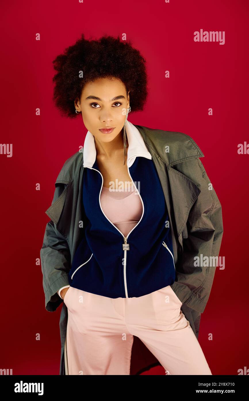 A young woman shows various emotions in modern fashion against a ...