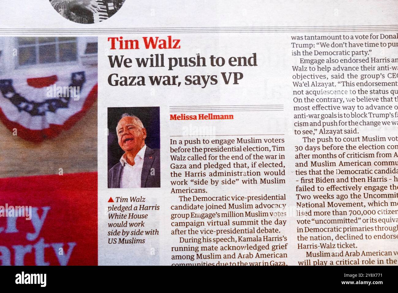 'Tim Walz We will push to end Gaza war, says VP' Guardian newspaper ...