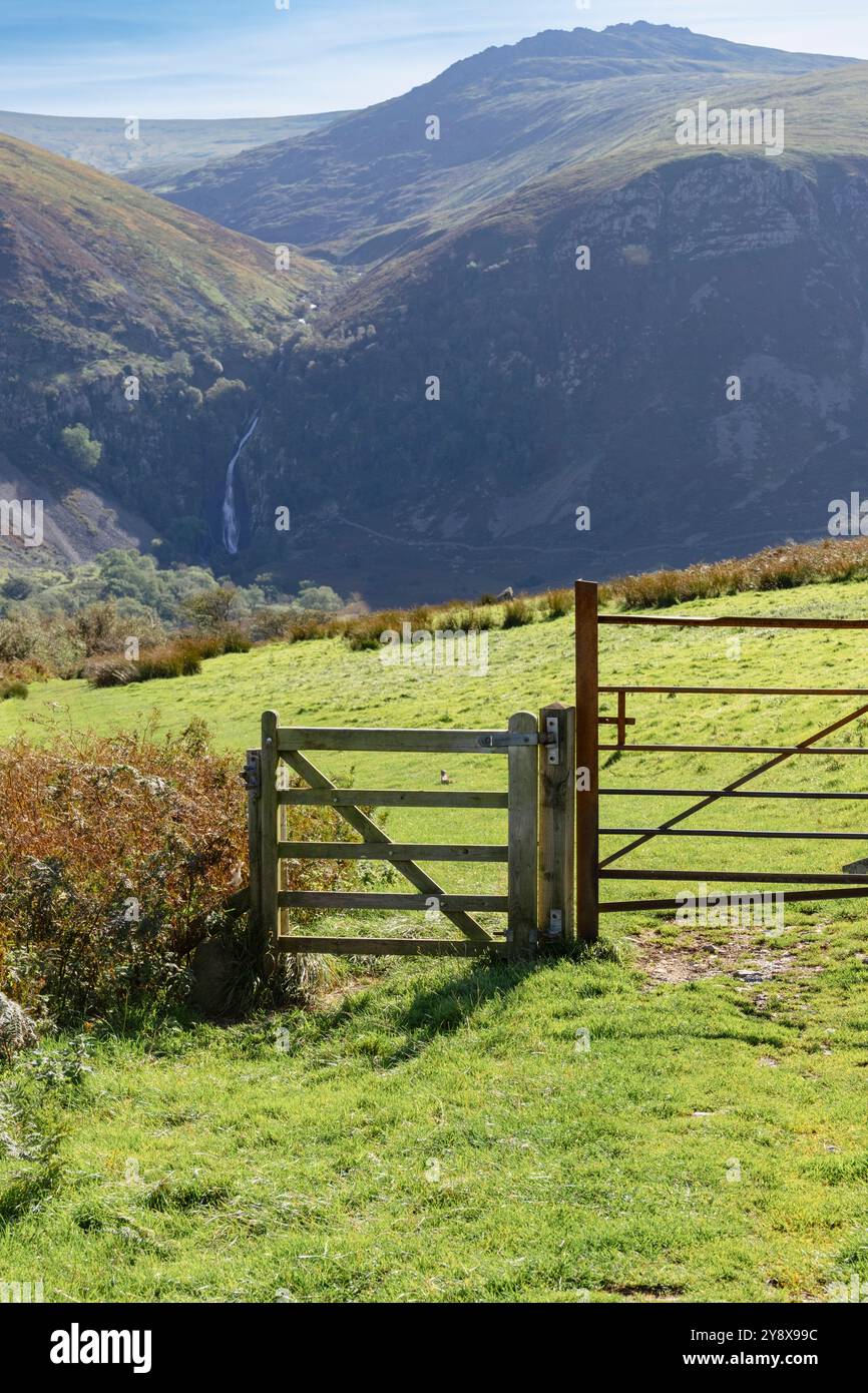 Gate on North Wales Path and Pilgrim's Way with Aber Falls beyond in ...