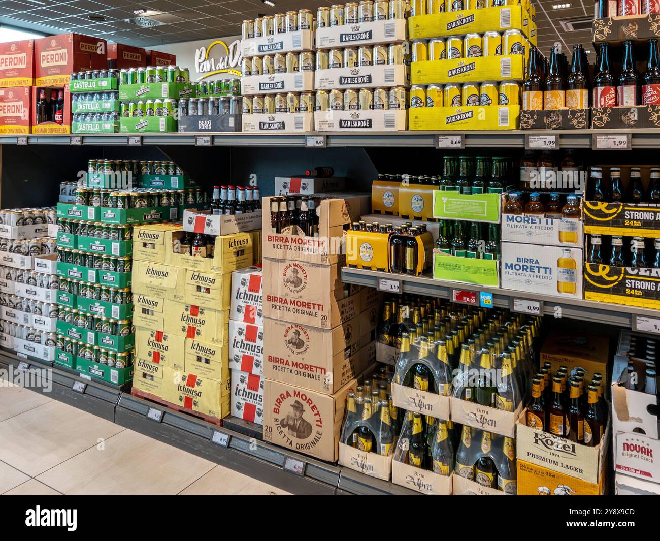 Fossano, Italy - September 25, 2024: Beer in cans and bottles of ...