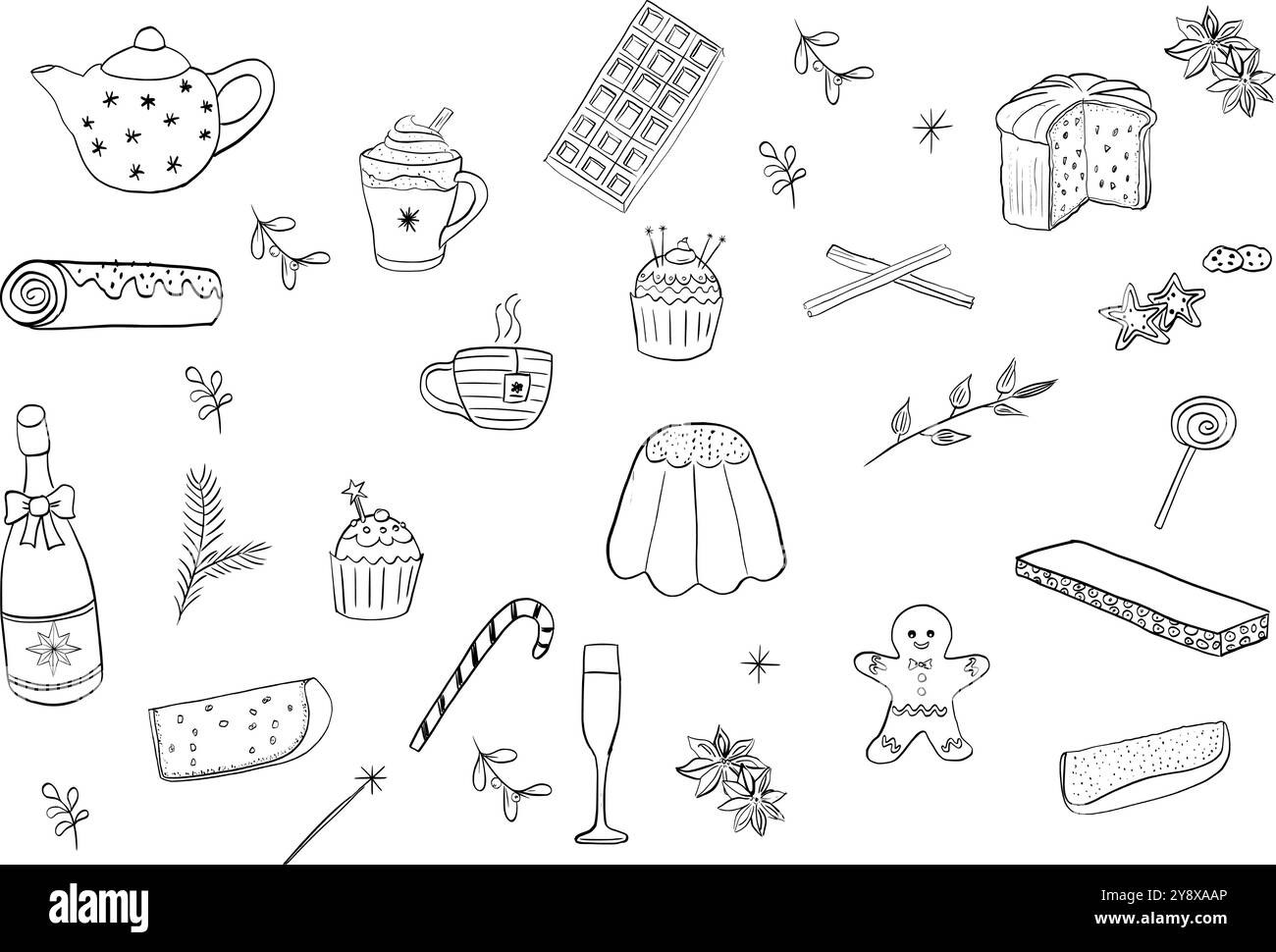 Hand-Drawn Christmas Doodle Set. Festive Black and White Holiday ...