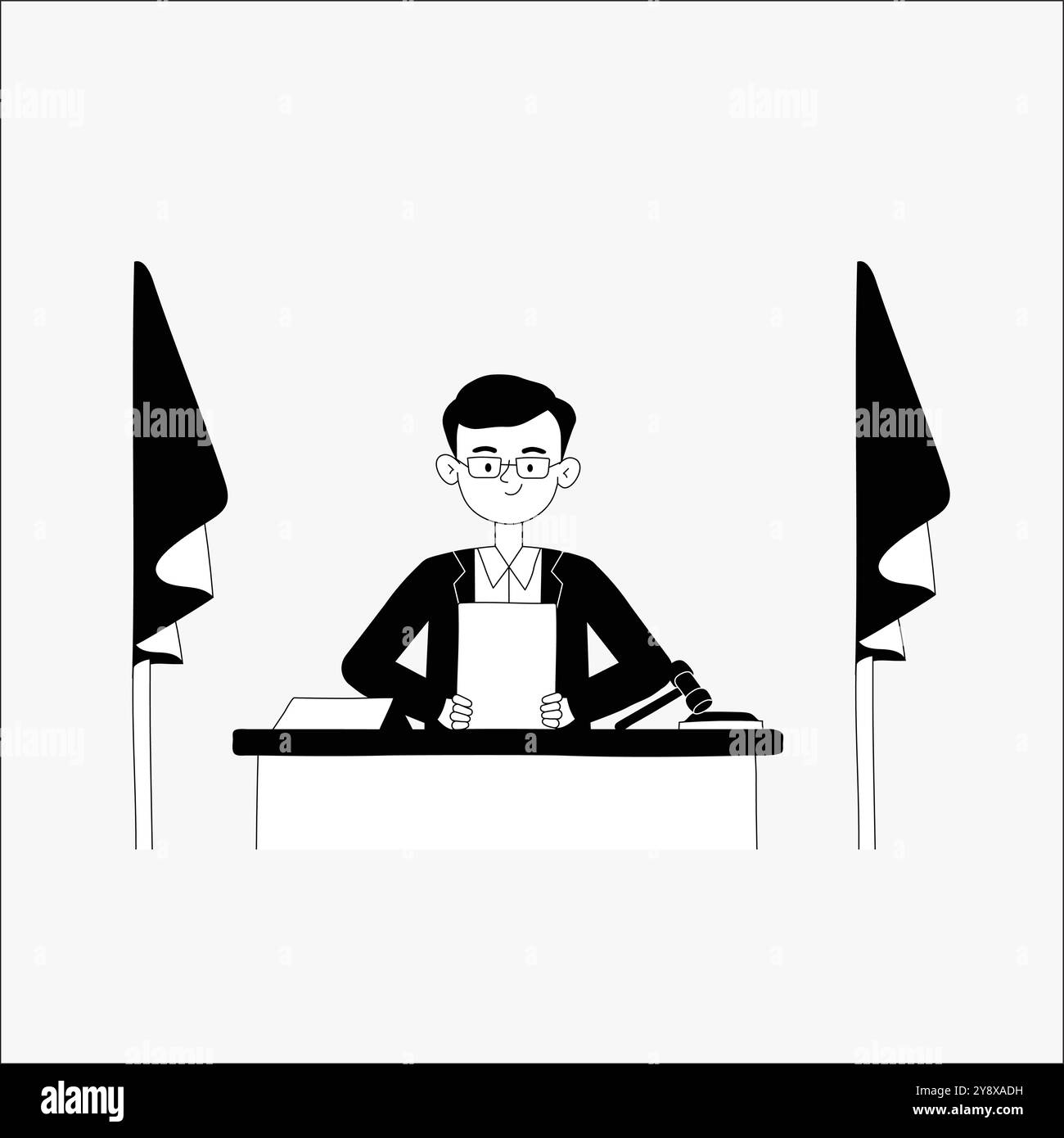 Male judge at a desk in flat vector illustration symbolizing justice ...
