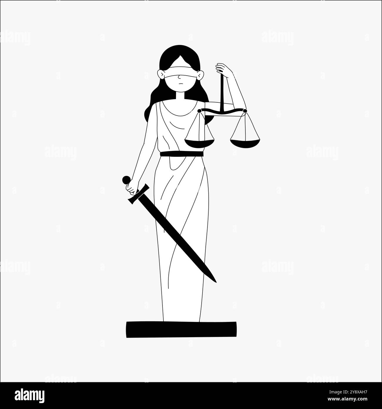 Lady Justice holding scales and sword in flat vector illustration symbolizing fairness, law, and ...