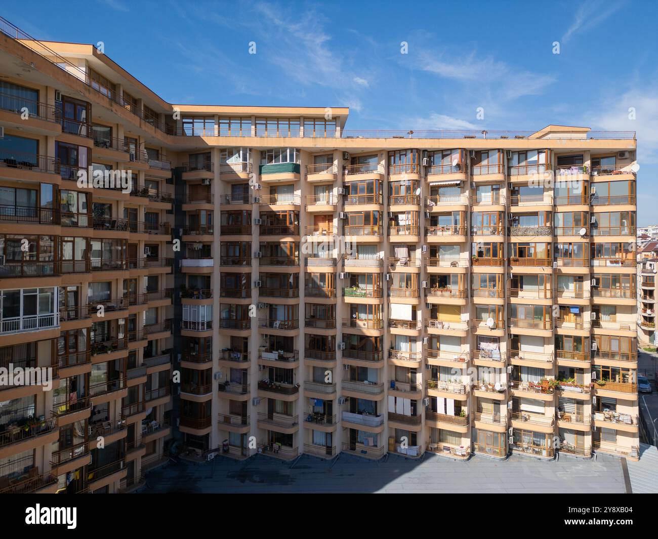 Aerial view of modern residential high-rise buildings with balconies ...