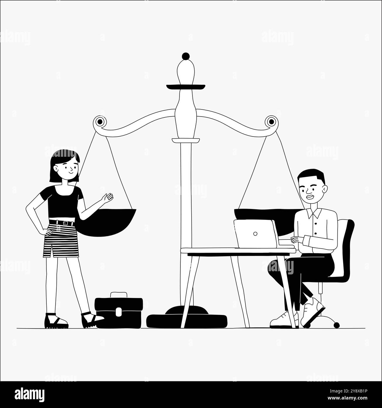 Man and woman discussing legal matters near scales of justice in flat ...