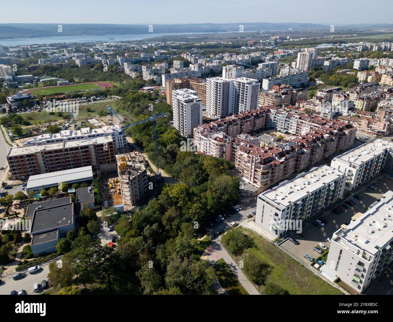 Aerial view of a densely populated urban area with tall residential ...