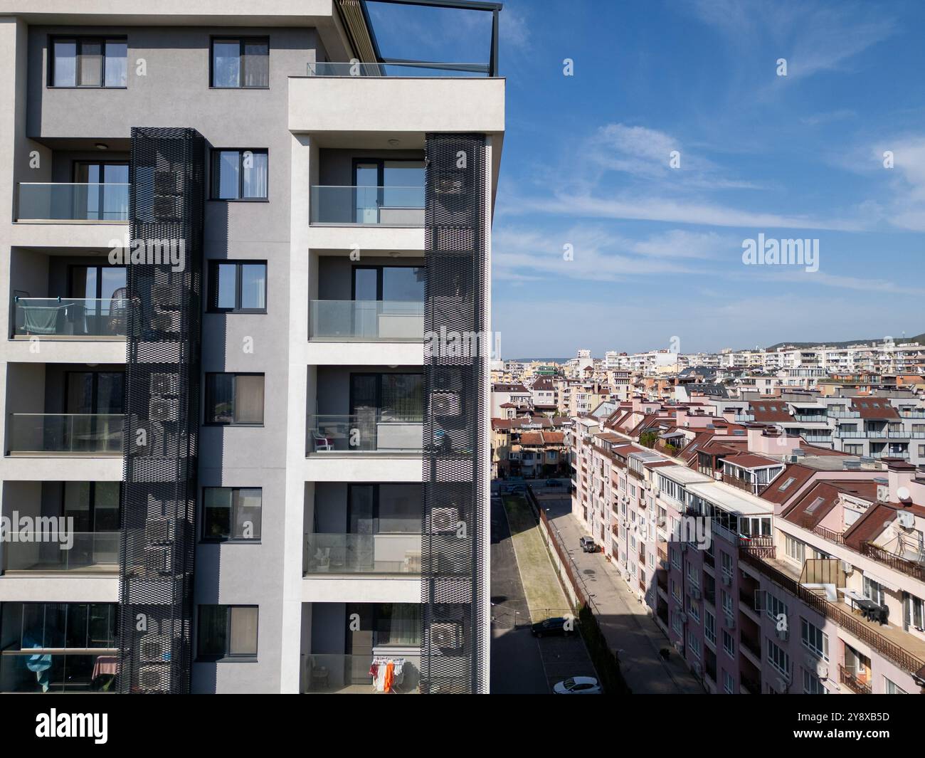 Aerial view of modern residential high-rise buildings with balconies ...