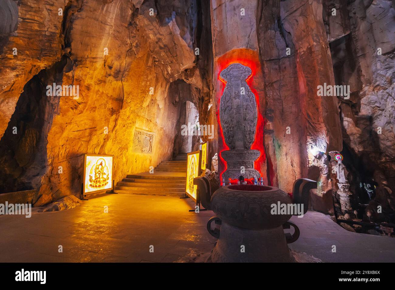 interior of limestone cave with a Buddhist temple inside in the Marble ...