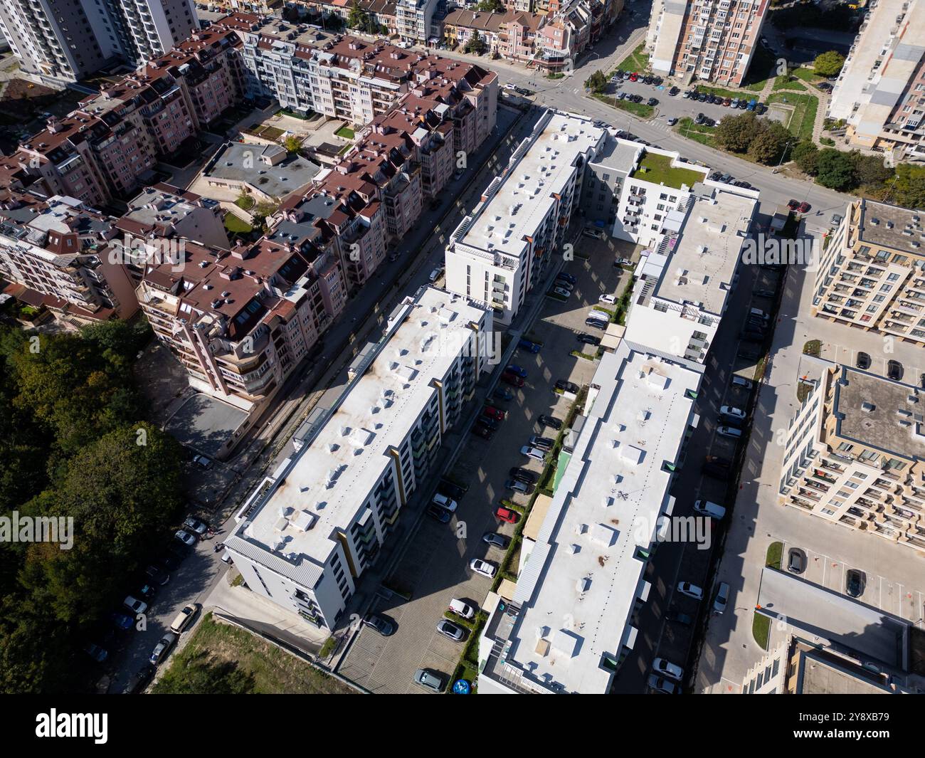 Aerial view of a densely populated urban area with tall residential ...