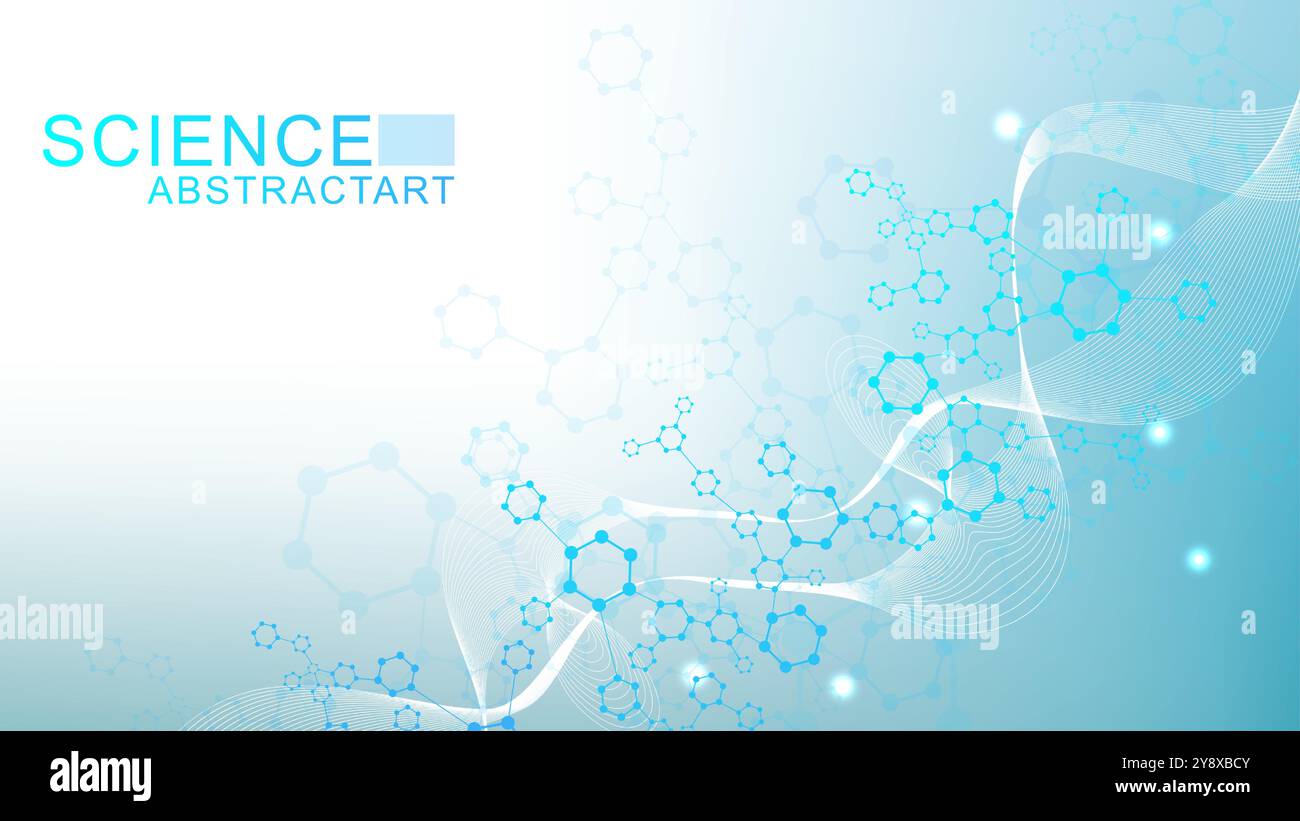 Modern scientific background with hexagons, lines and dots. Wave flow ...