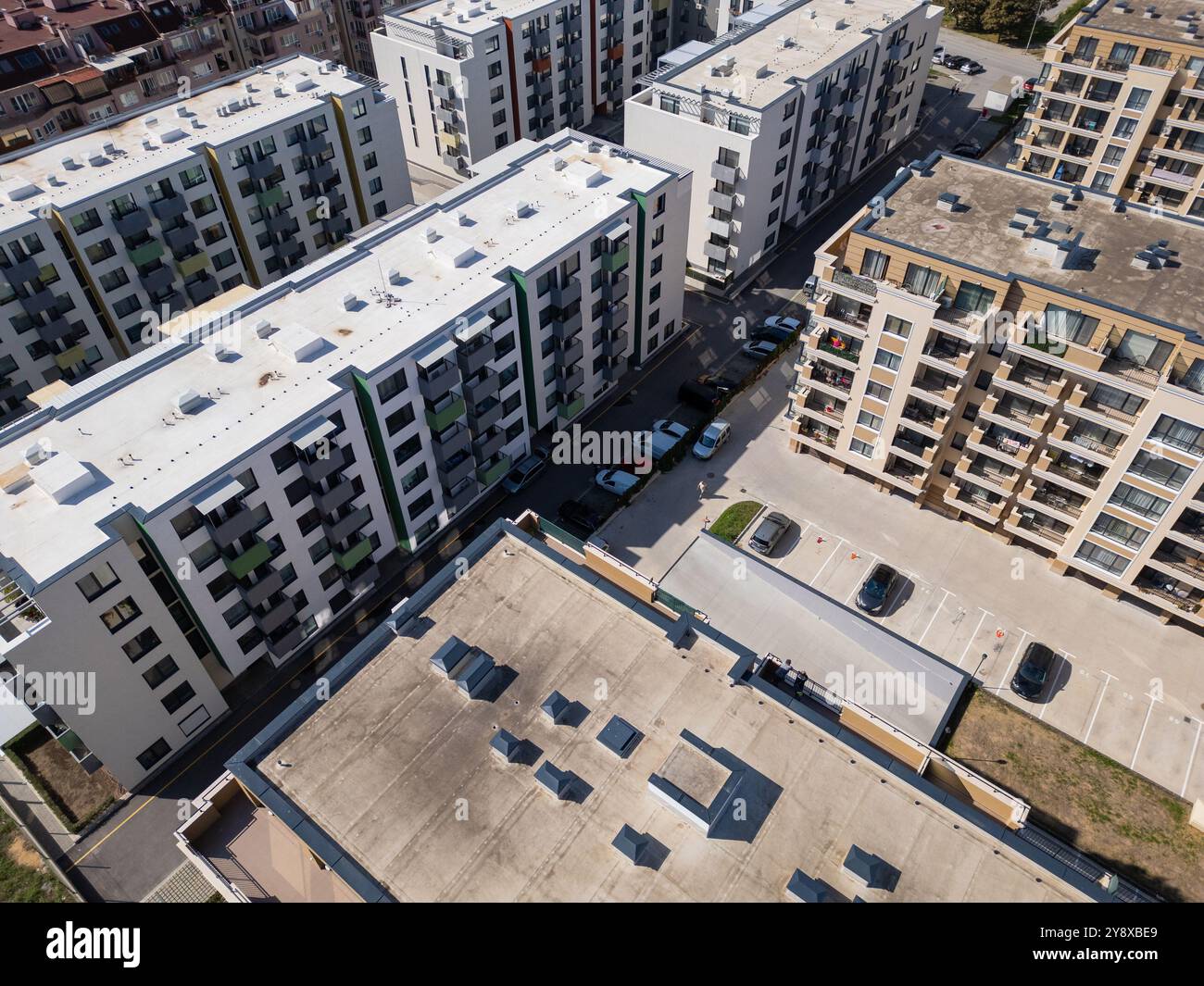 Aerial view of a densely populated urban area with tall residential ...