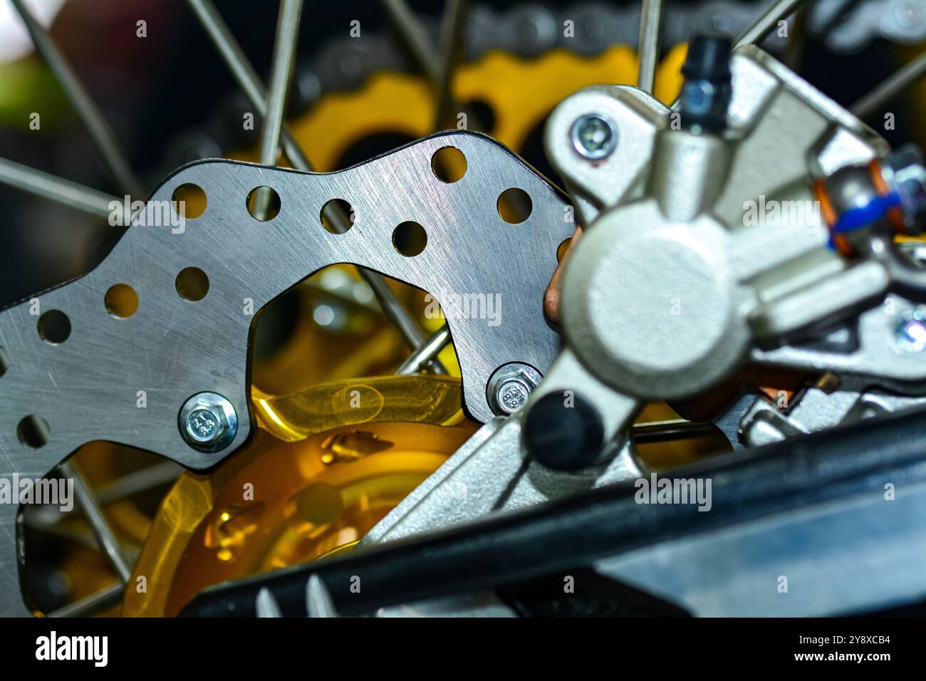 Motorcycle rear set, rim, caliper, disc, wires and brake system Stock ...