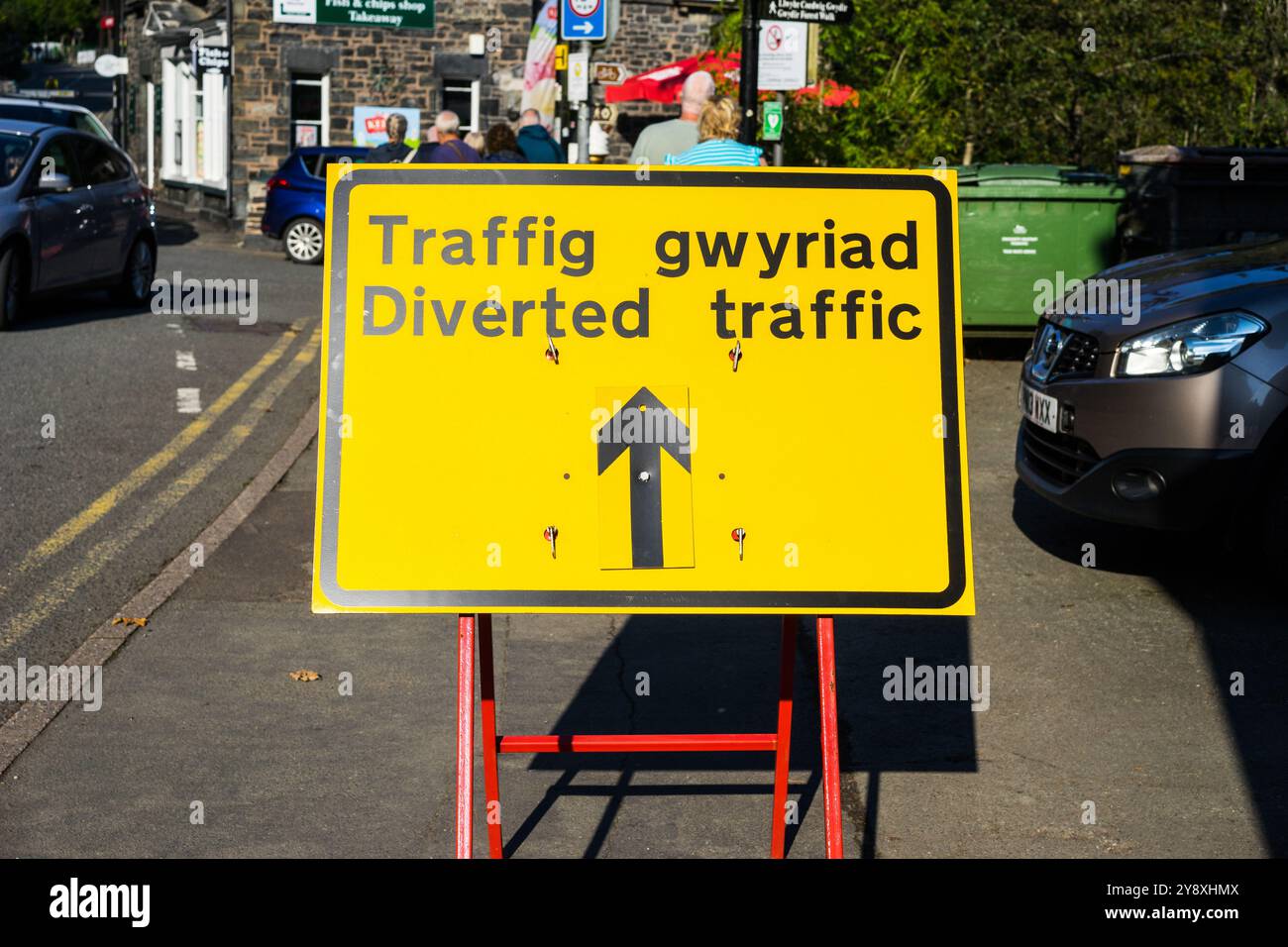 Diverted Traffic Sign in English and Welsh, Betws Y Coed, North Wales ...