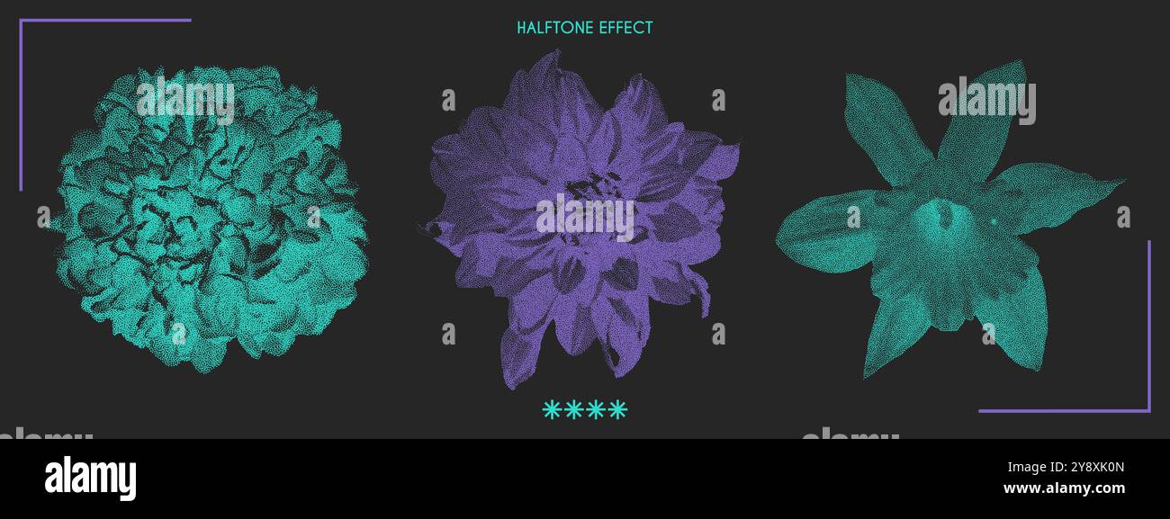 Monochrome photocopy retro design with flowers. Vector stipple effect ...