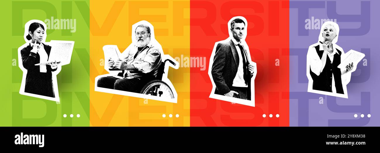 Poster. Contemporary art collage. Workplace diversity with individuals ...