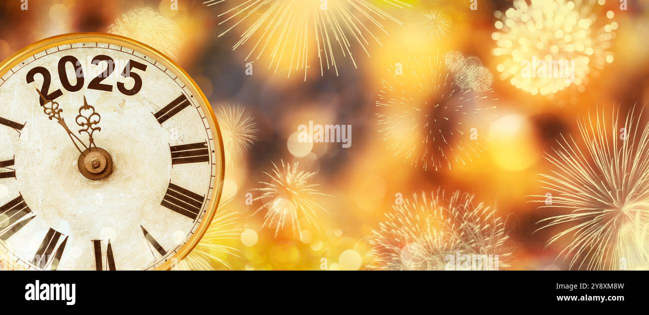 2025 New Year with clock counting down to midnight with defocused ...