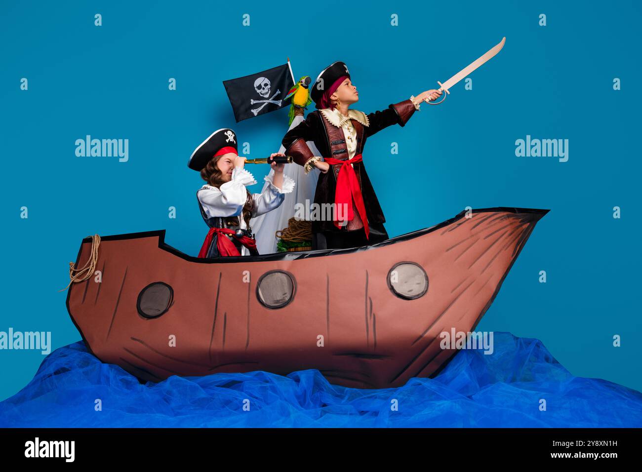 Full body photo of cute little boy girl brave adventurers dressed ...