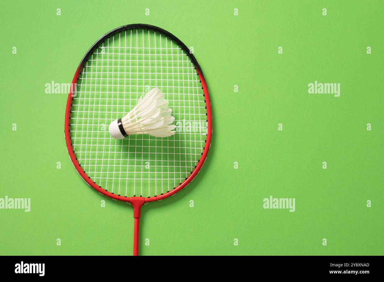 White feather badminton shuttlecock and badminton racket on green ...