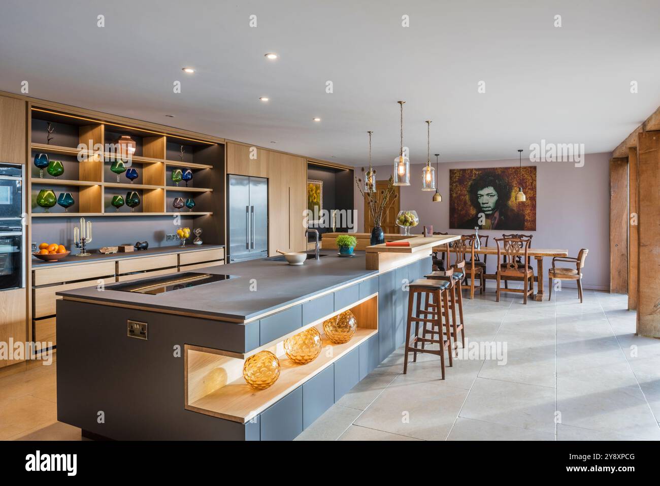 Grey worktop with built in glassware storage in modern designer open ...