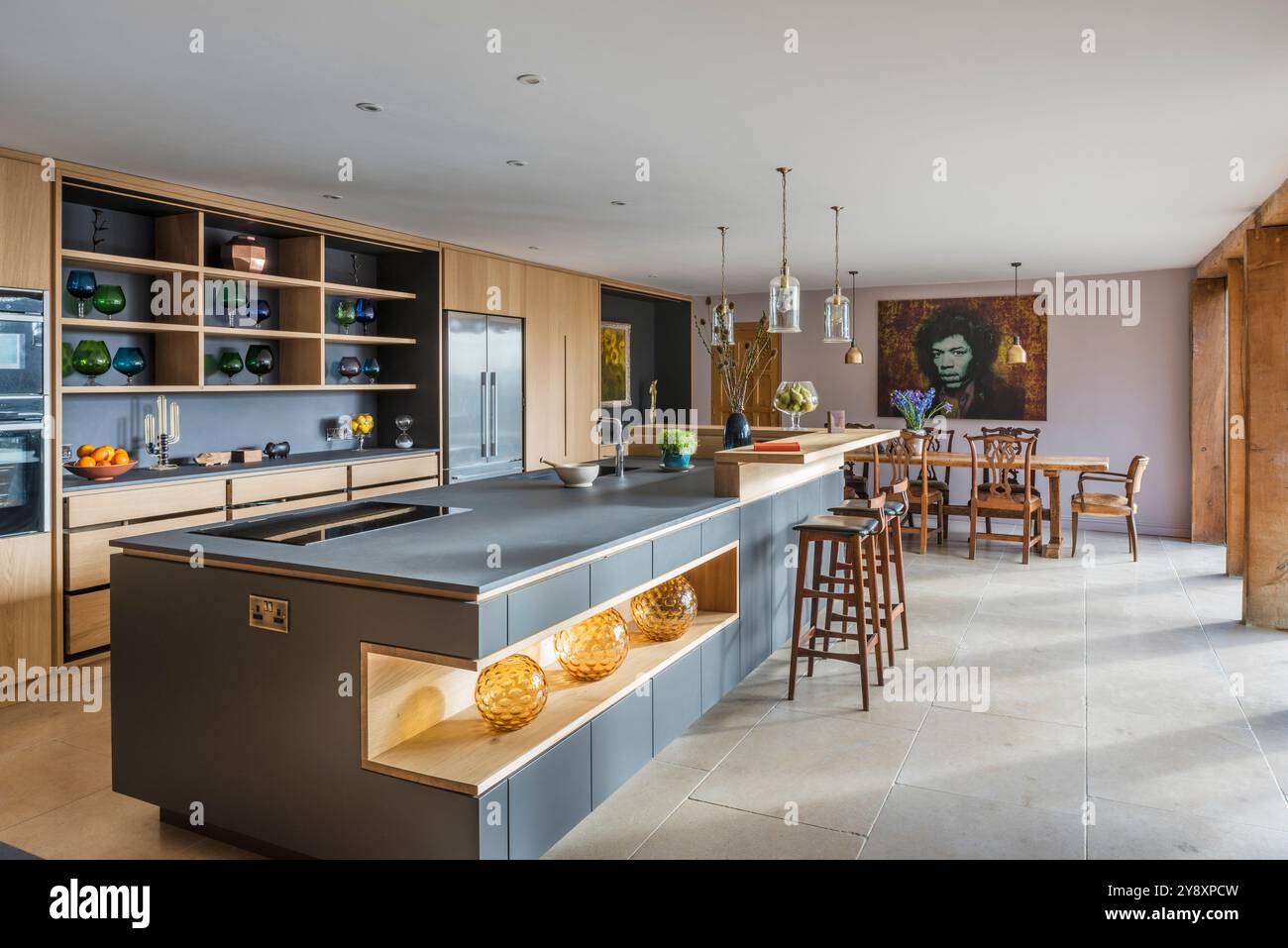 Grey worktop with built in glassware storage in modern designer open ...