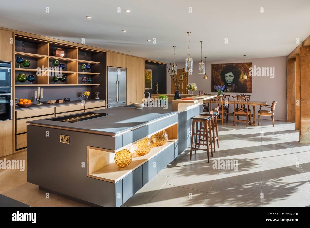 Grey worktop with built in glassware storage in modern designer open ...