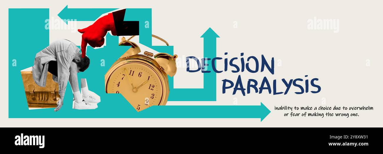 Contemporary art collage. Person hunched over in stress while arrow ...