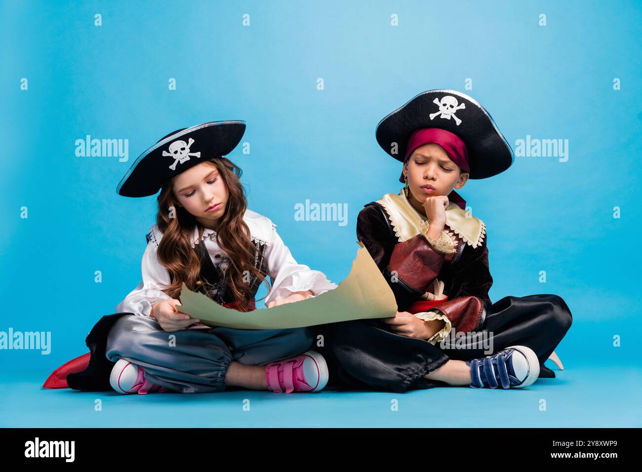 Full body portrait of two little kids halloween pirate costume look ...